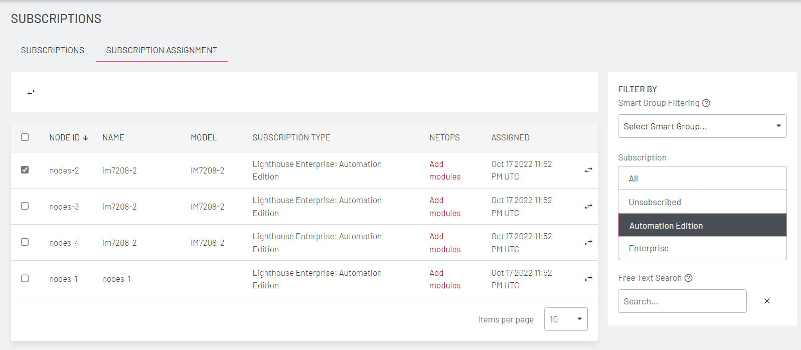 Assigning subscriptions to nodes